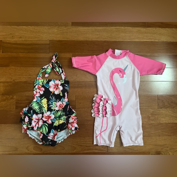Swim | Adorable 4t Girls Swim Set Flamingo Rash Guard Tropical Onepiece ...
